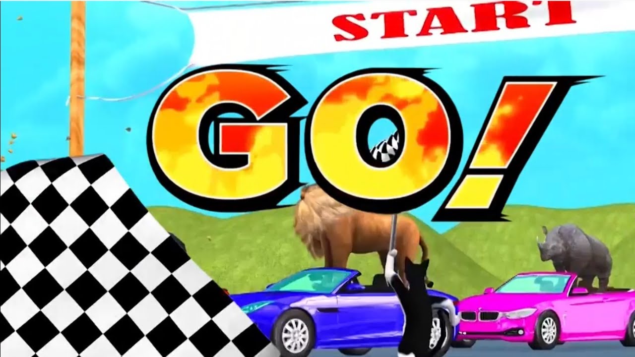 Animal car racing and their sounds, Gorillas, Elephants, Rhinoceros ...