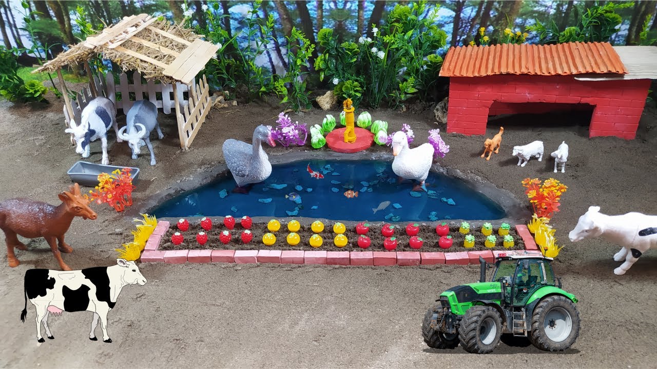 DIY fruit trees, blue water ponds and houses for cows, buffaloes ...