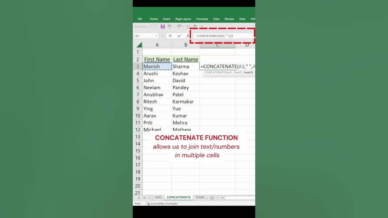 Concatenate Function in Excel | Combine data in Excel #shorts #youtubeshorts #concatenate #excel ...