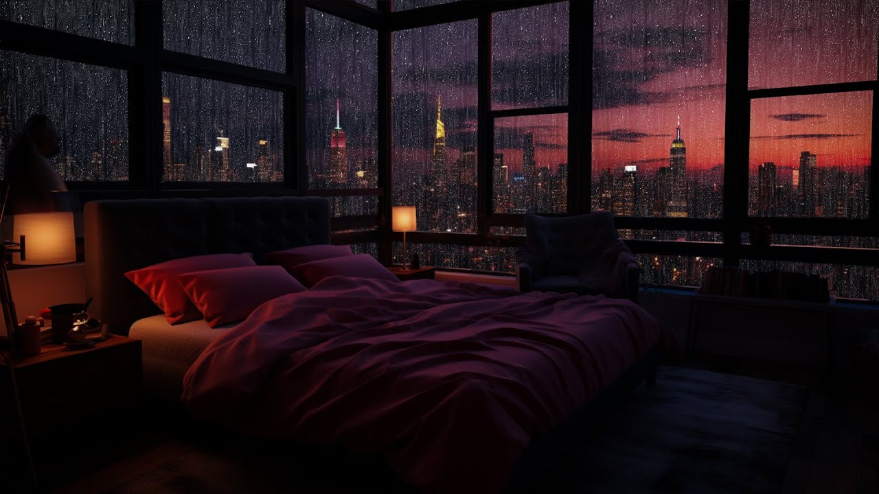 Heavy Rain With Windy Thunderstorm Outside The Cozy Bedroom In London