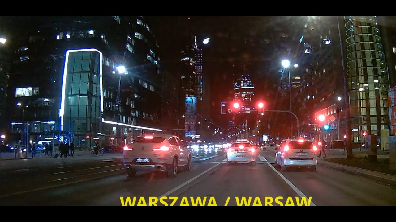Driving in Warsaw downtown (Poland) in the evening / Jazda przez ...