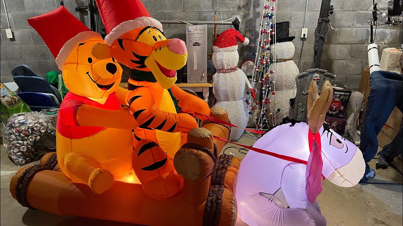 Gemmy 8ft long inflatable Pooh and friends sledding scene 2004 - YouTube