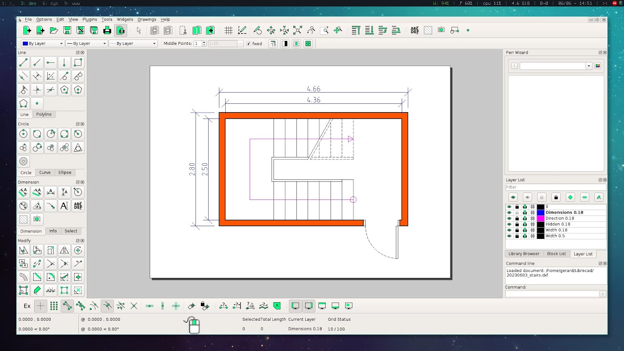 LibreCAD: adding dimensions to 2D stairs - YouTube