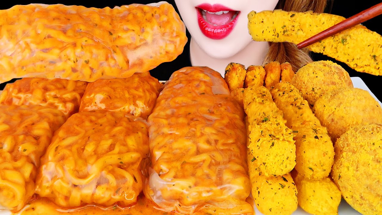 ASMR LONG CARBO FIRE NOODLES WRAP, CHEESE BALL, FRIED CHICKEN COOKING ...