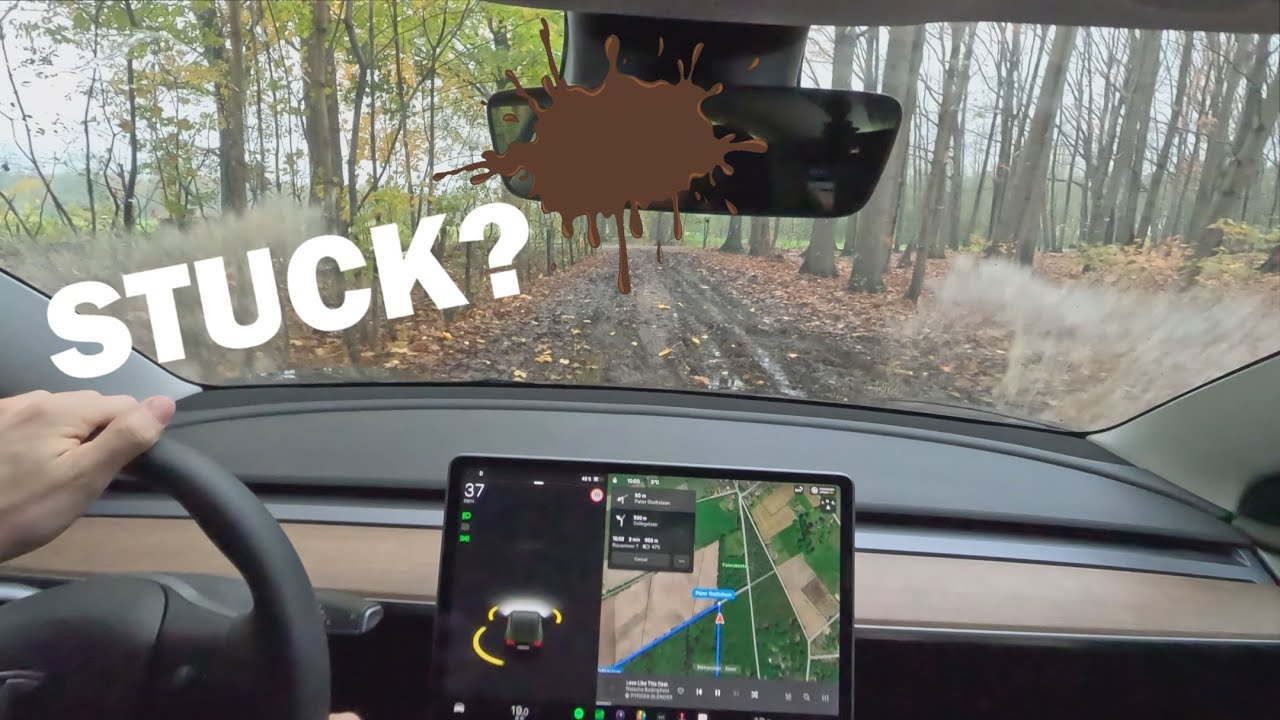 Tesla Model 3 SR+ through deep mud - Belgian Muddy Dirtroad - YouTube