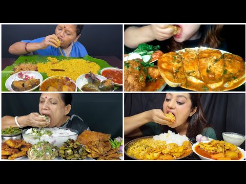 Asmr🔥Eating Big Katla Macher Jhol, Spicy Chicken Curry, Panta Vaat 5 Types Pakora, 5 Type Bharta, &🍚