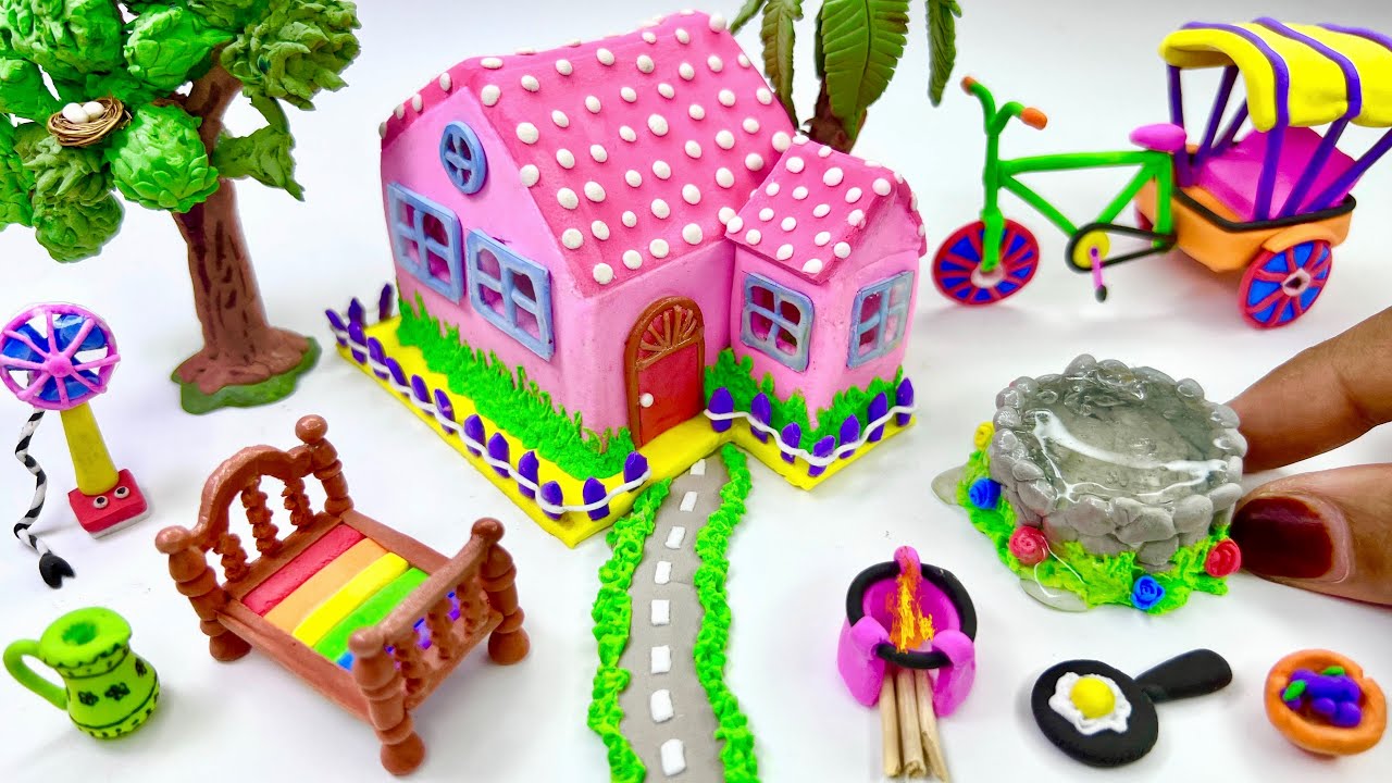 DIY How to make polymer clay miniature House, Rikshaw cycle, Kitchen ...