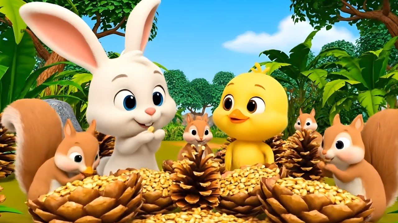 Forest Friends Feast: Bunny, Chick, and Squirrels Enjoy a Pinecone ...
