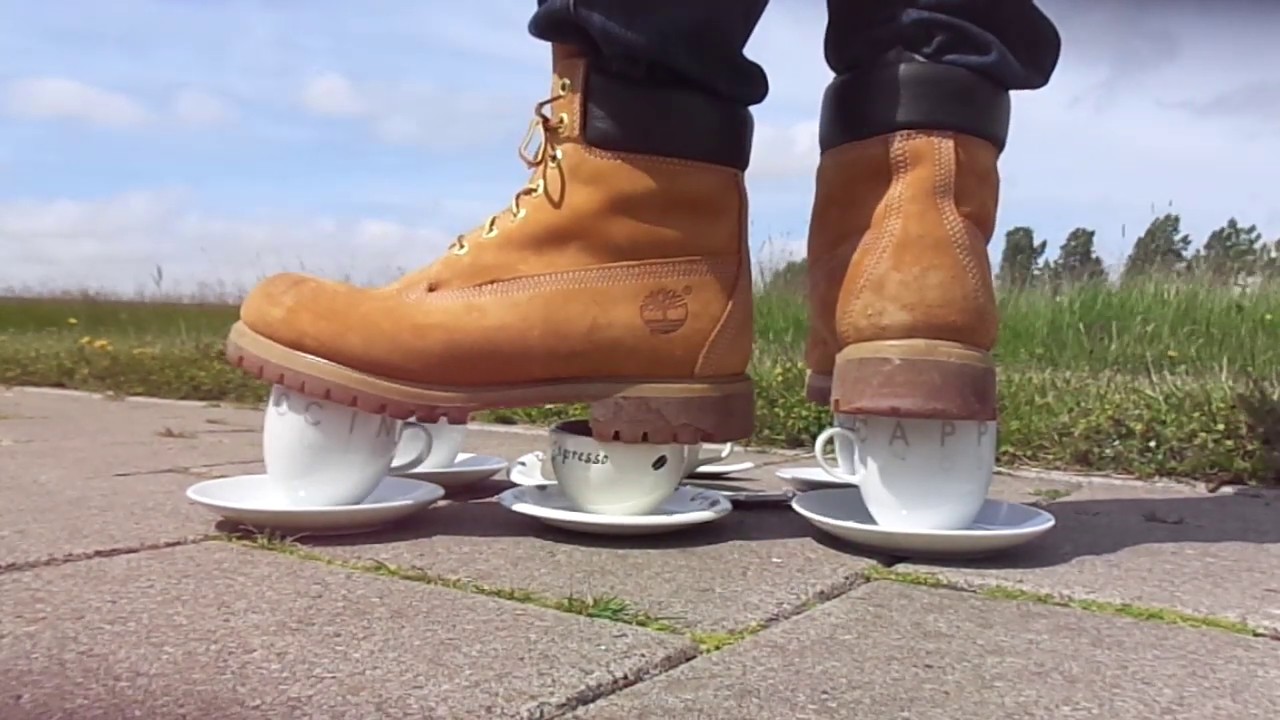Timberland boots stomp and destroy coffee cups - YouTube