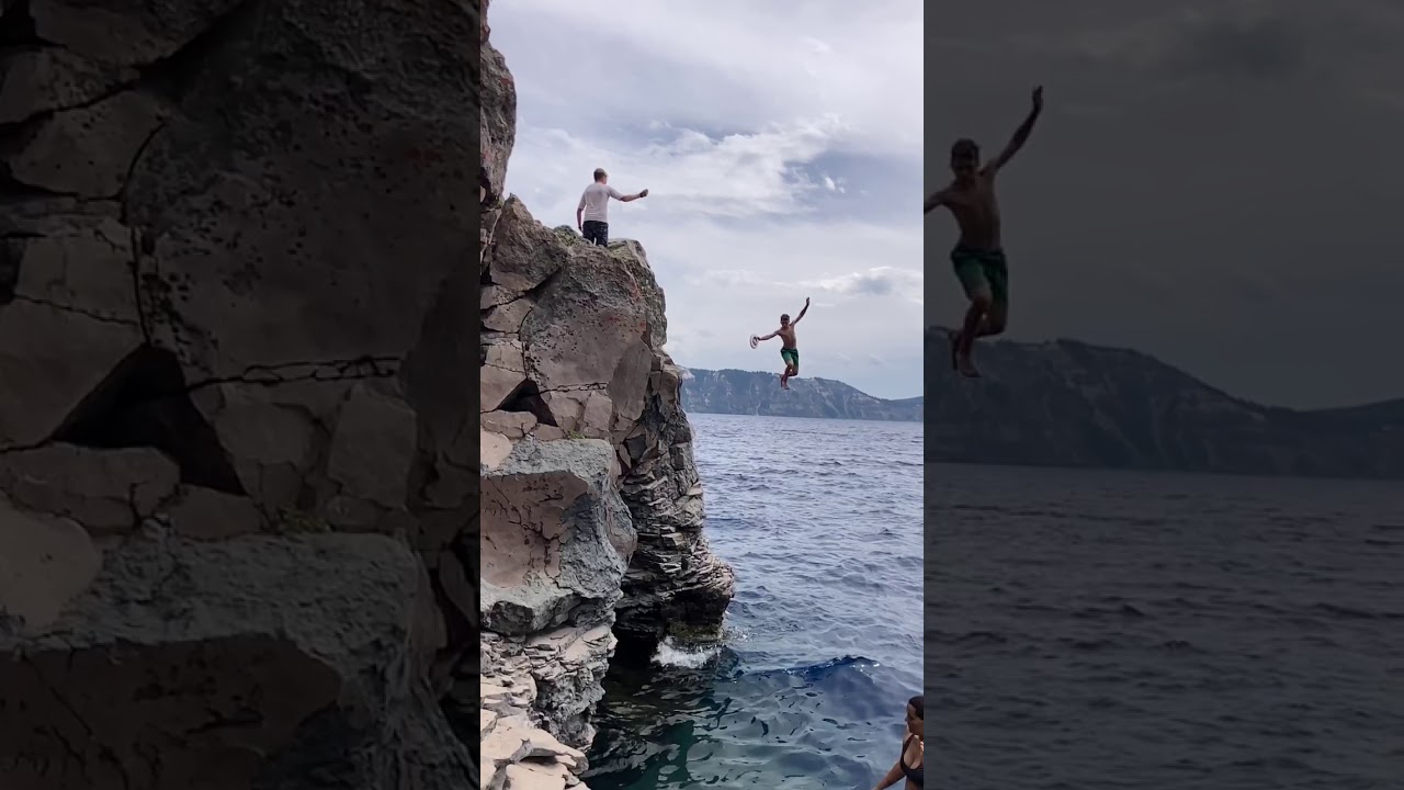 Catching a Frisbee Off a 20+ foot cliff at Crater Lake in Oregon - YouTube