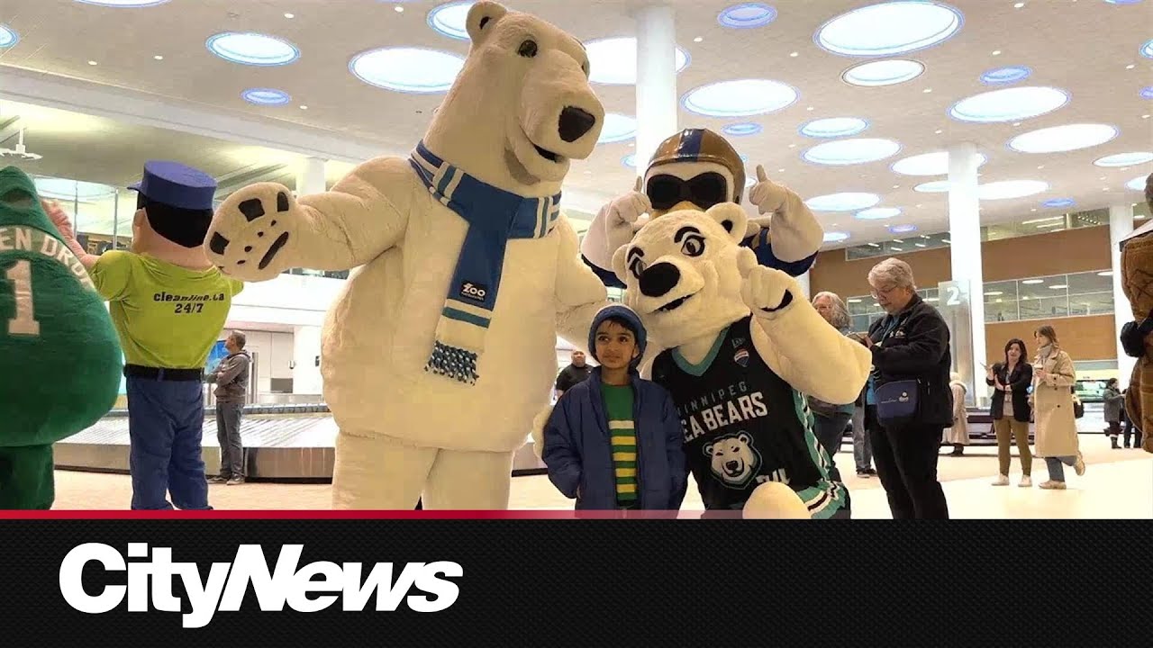 Mascots take over the Winnipeg Airport - YouTube
