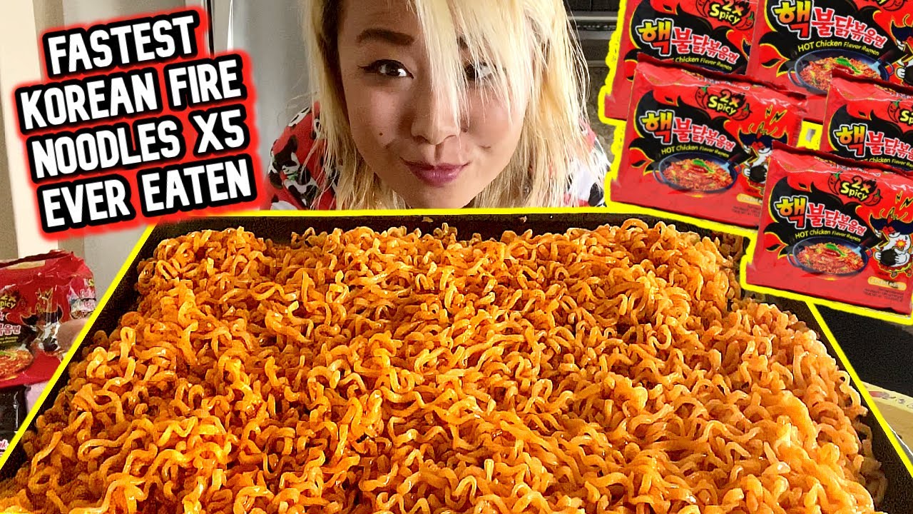 FASTEST 5 PACKS OF SPICY KOREAN FIRE NOODLES EVER EATEN!!! # ...