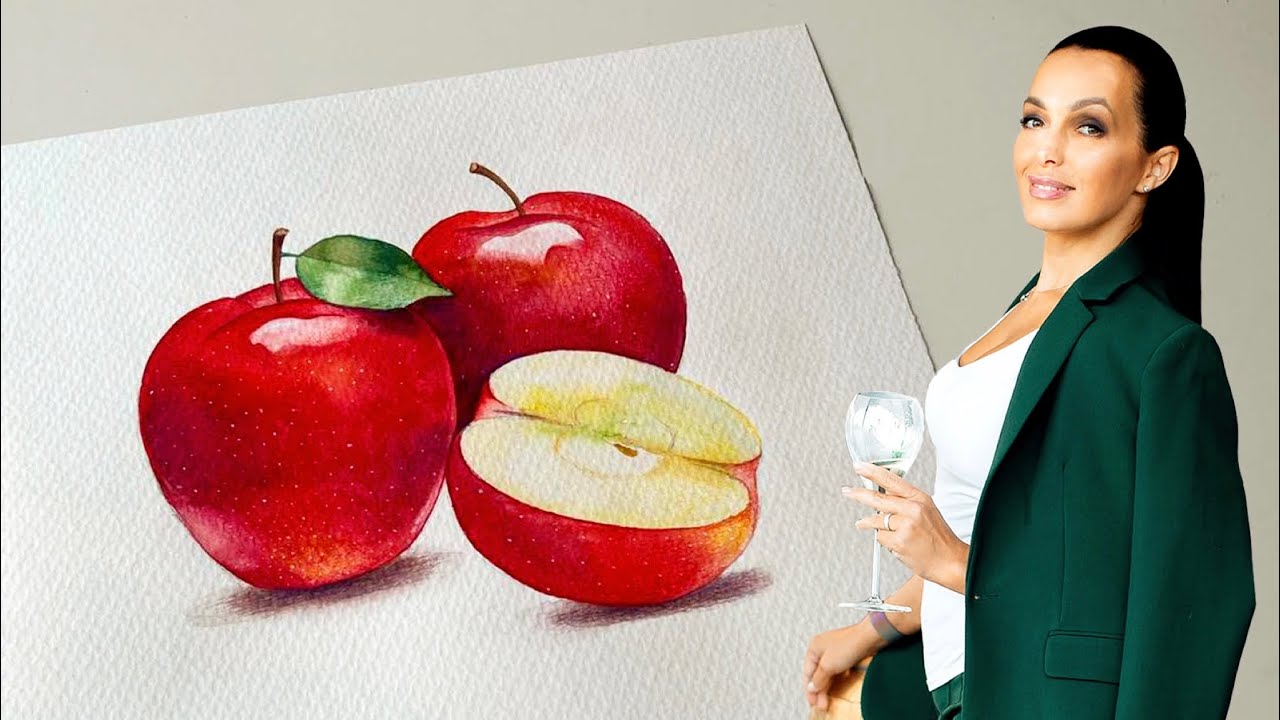 Scarlet apples in watercolor technique and colored pencils - YouTube