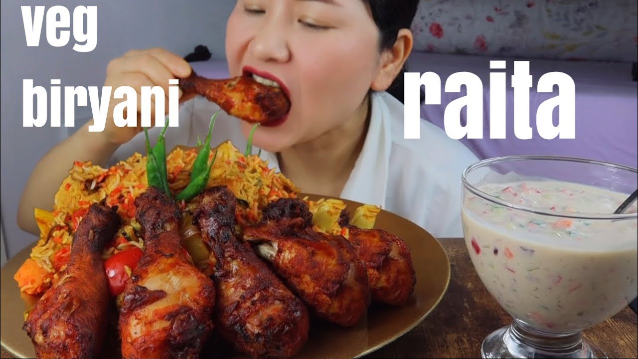 veg Biryani + spicy chicken + raita eating and cooking mukbang/asmr ...