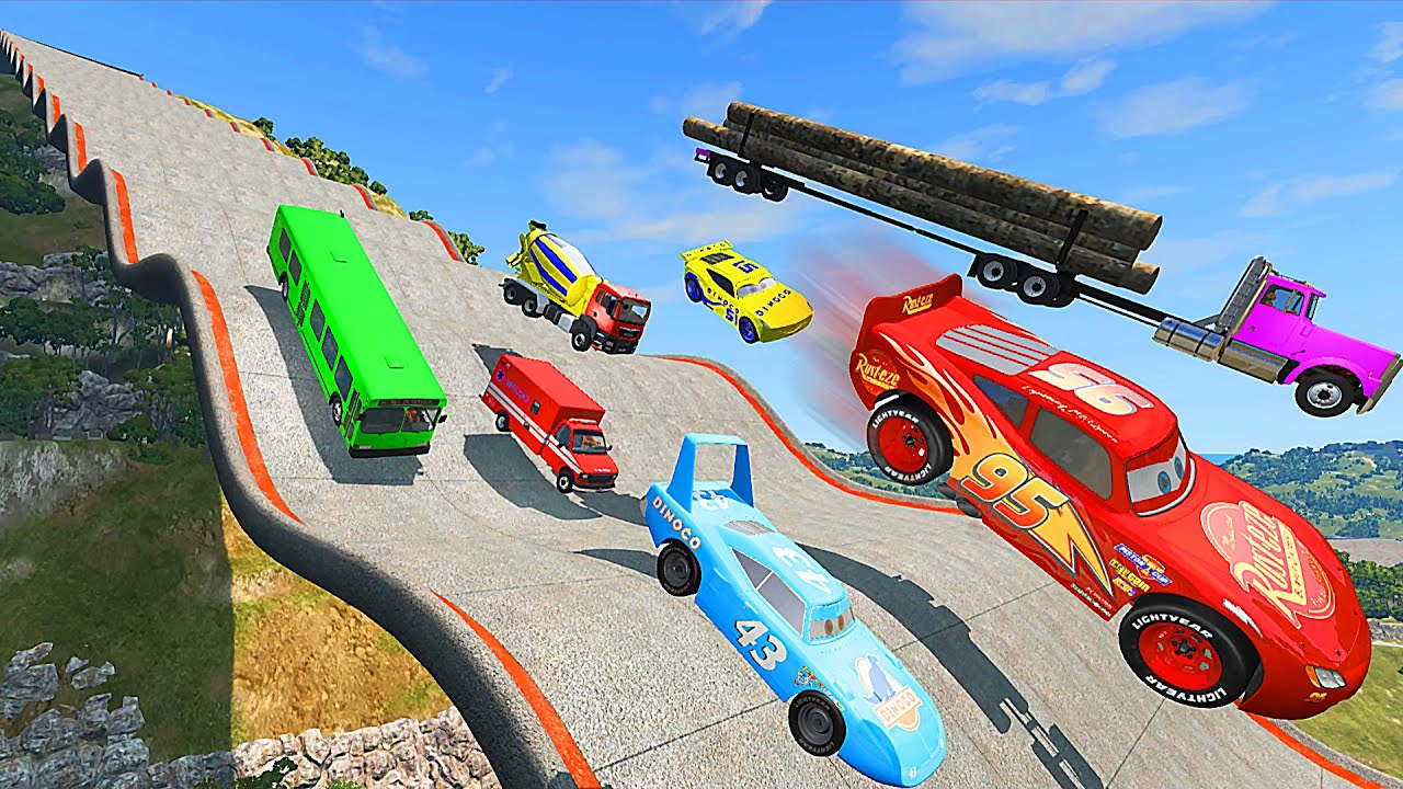 Disney Cars Truck and Bus vs Wavy Road BeamNG.Drive Lightning McQueen ...