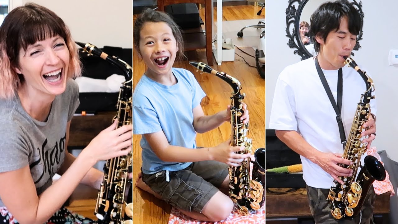 First time playing a saxophone! Whole family!! 😂😂😂🙈 - YouTube