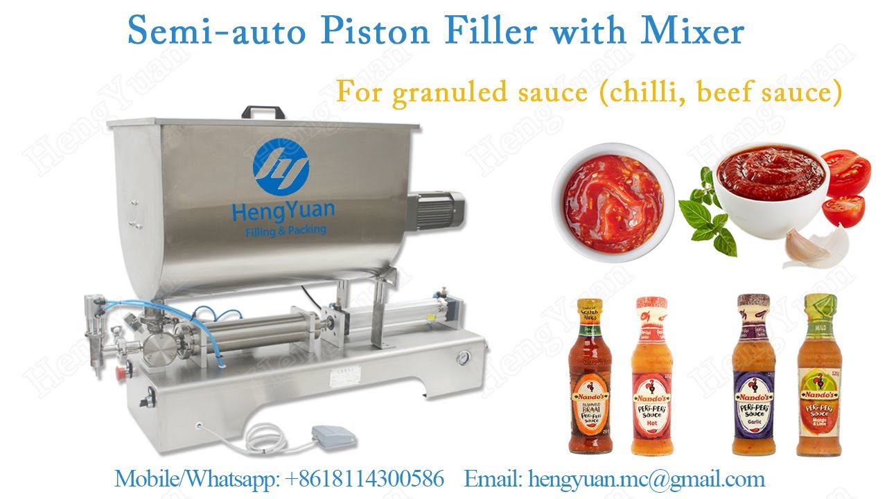 Semi auto Piston Filler with Mixer for granuled sauce (chili, beef ...