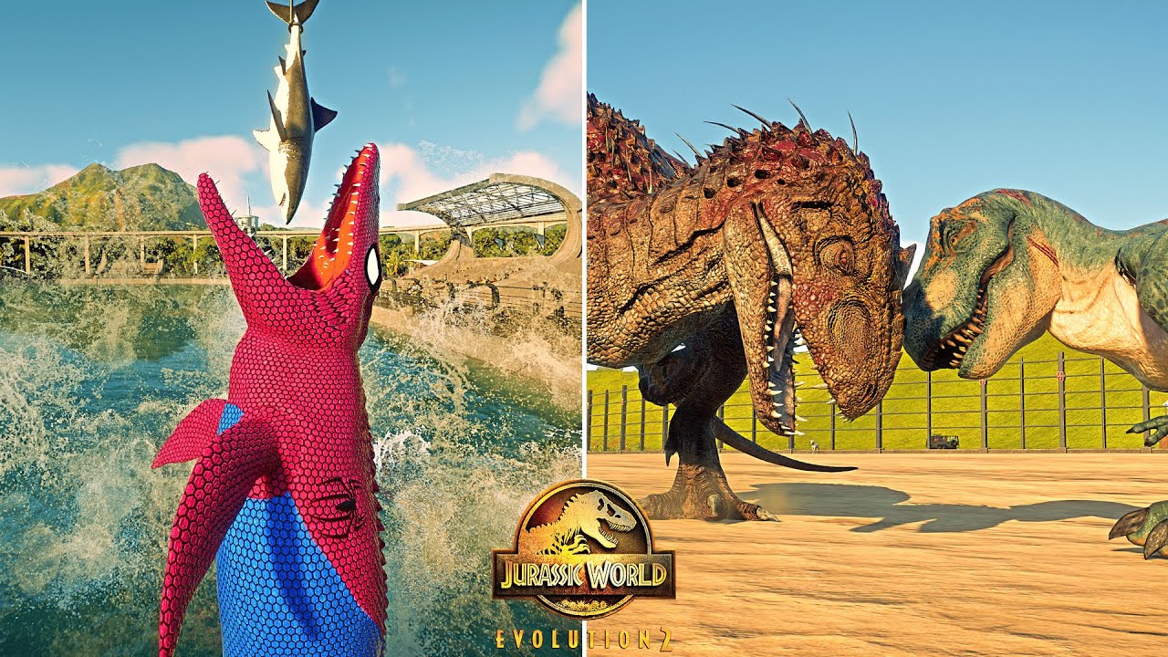Spiderman Mosasaurus, I-REX, T-REX, Spinosaurus Dinosaurs Fight 🌍 ...