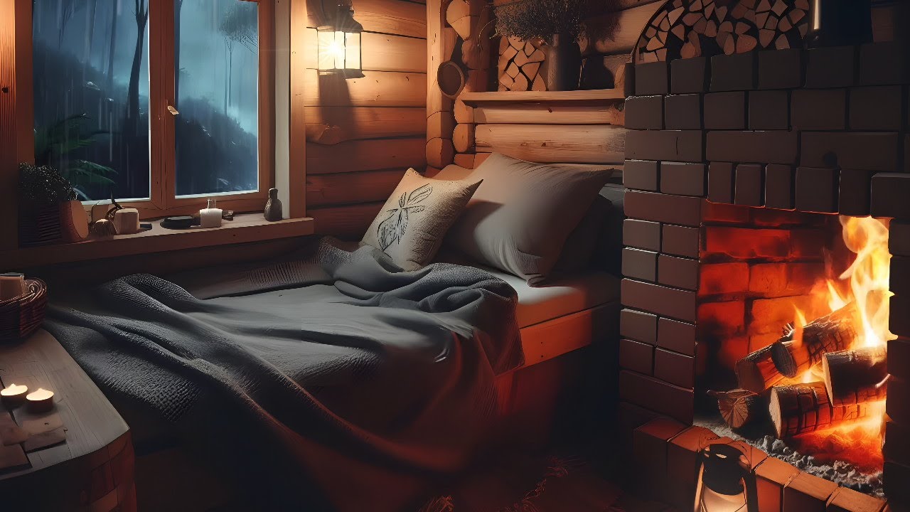 Night Cozy Cabin Ambience with Rain and Fireplace Sounds,Let the sound ...