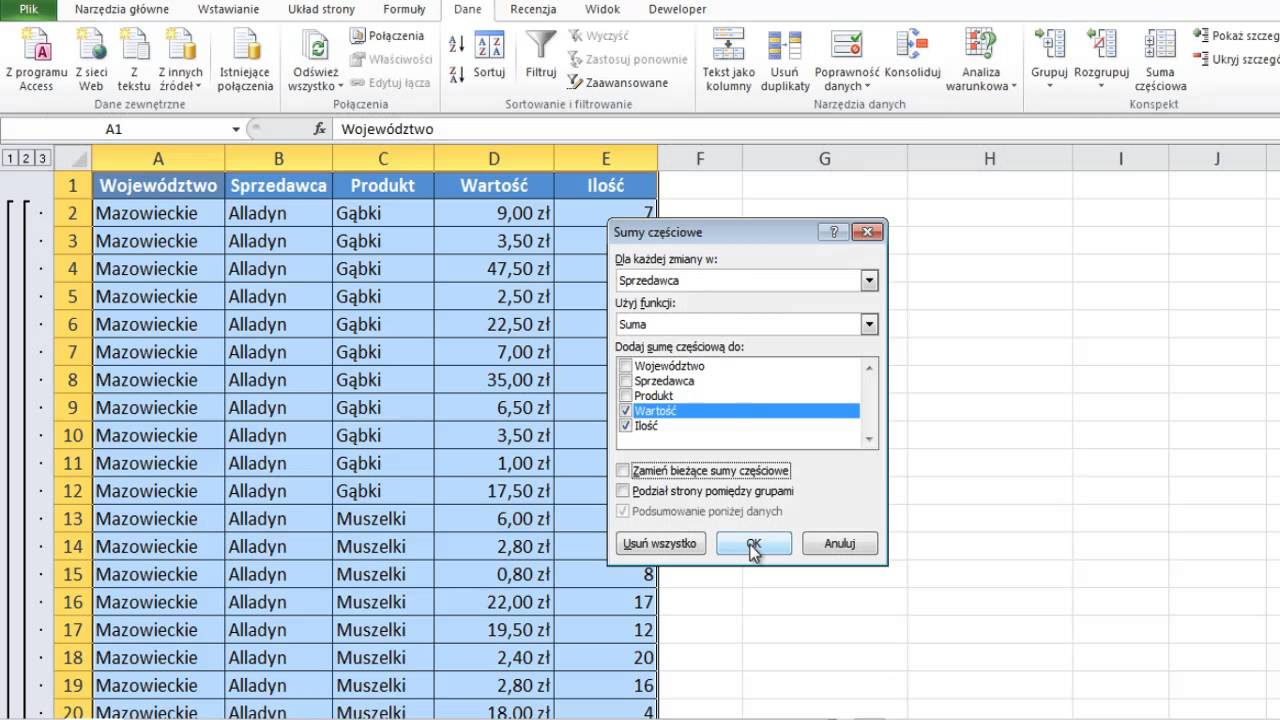 Excel - Sumy częściowe funkcjonalność do grupowania - porada #124 - YouTube