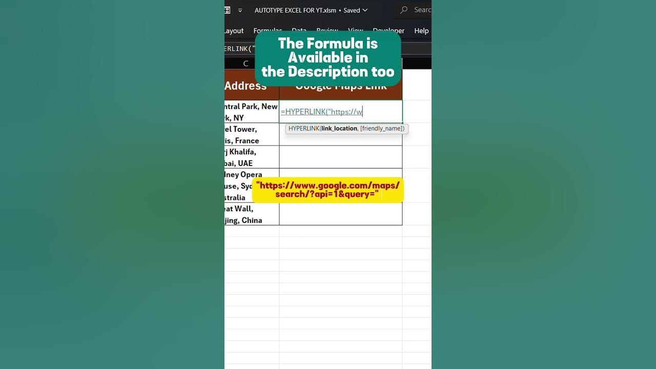 How to Create Google Maps Links in Excel | Open Locations with One Click!#excelhacks#excel# ...