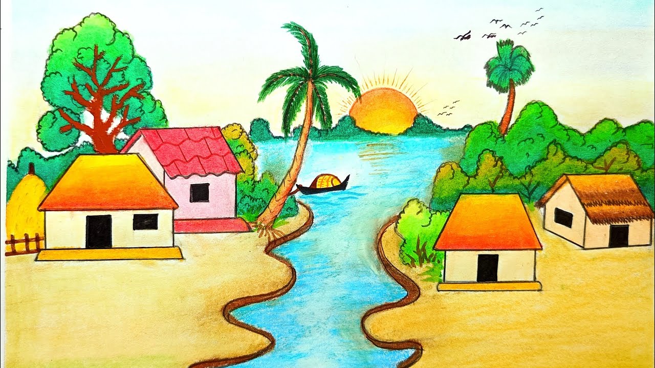 How to draw village scenery with oil pastel ( very easy) village house ...