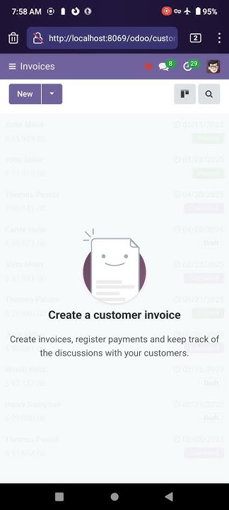 Demo:Odoo ERP 18 (Open Source): Invoicing App on Android Mobile with Local PostgreSQL Database ...