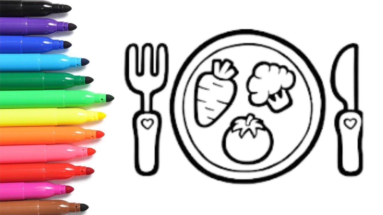 How to Draw Vegetables in Plate with Fork and Knife | Easy Drawing and ...