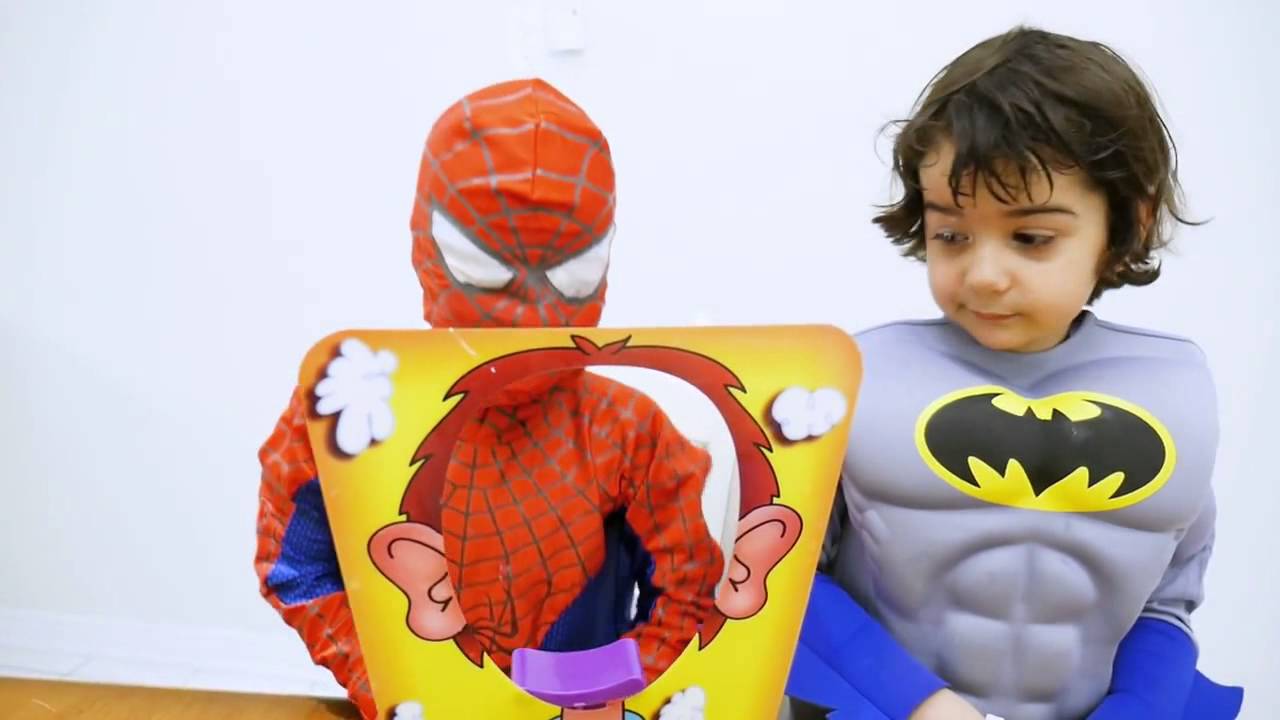 Spiderman VS Batman Pie Face Challenge Whip Cream on Face Family Fun ...