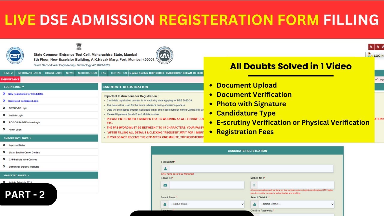LIVE FILLING DSE ENGINEERING 2023 ADMISSION REGISTERATION FORM PART -2 ...