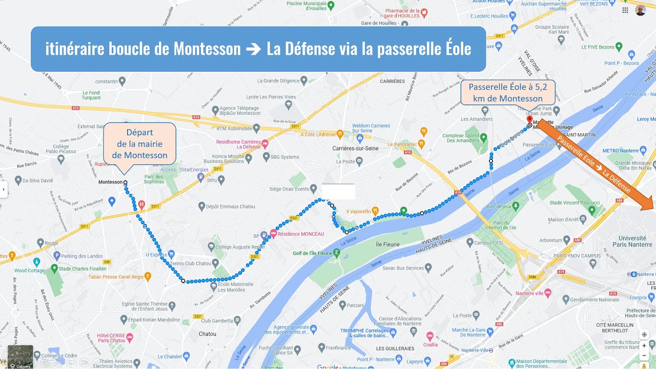 itinéraire vélo Montesson La Défesne via la nouvelle passerelle Eole ...