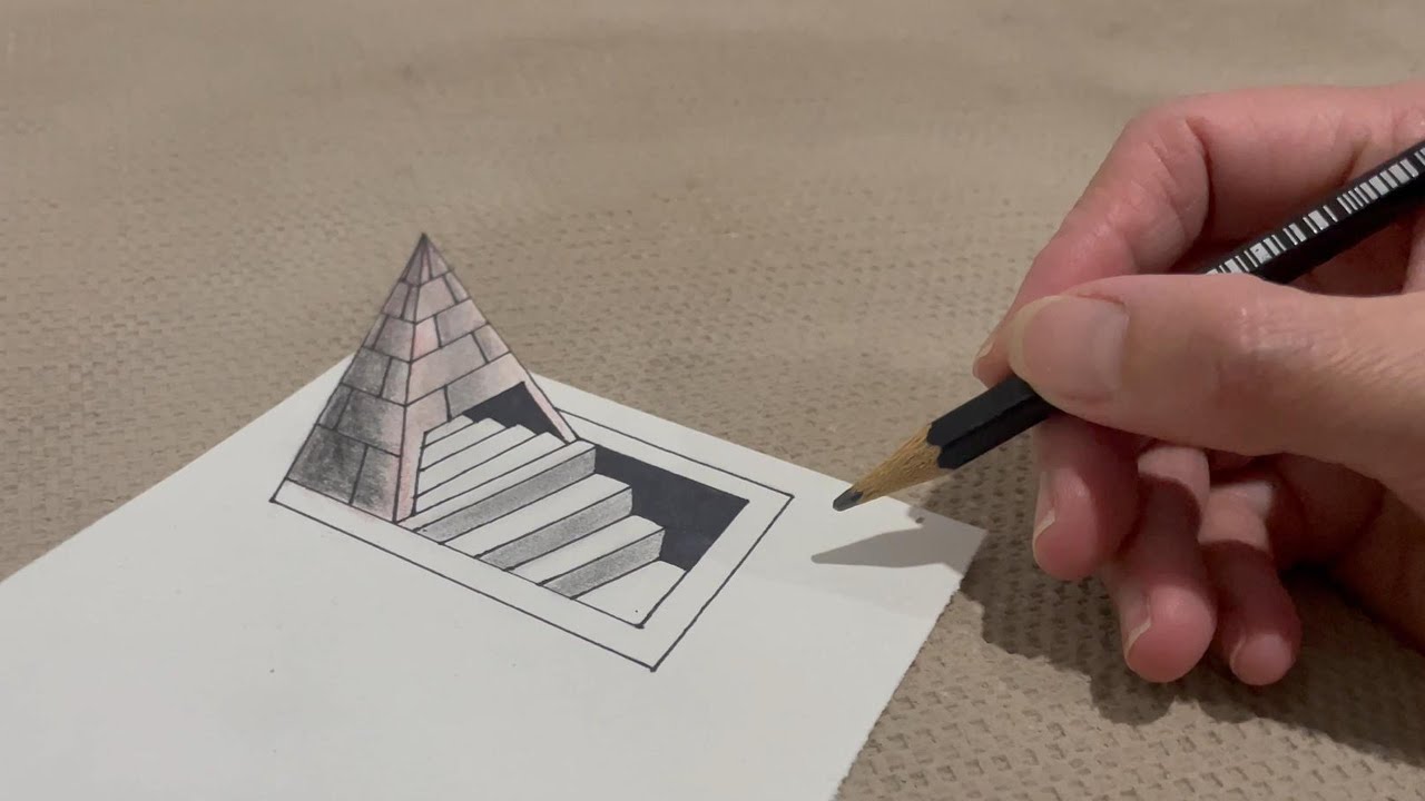 3D Optical Illusion Drawing - Realistic Pyramid and Staircase Art ...