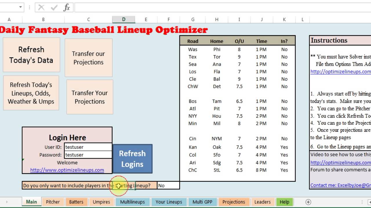 DFS Baseball spreadsheet tool version 2 - How to use - YouTube