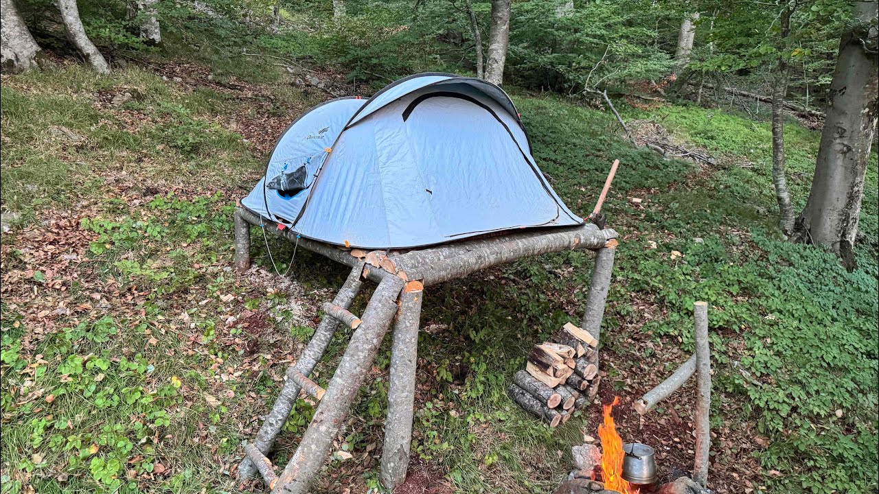 Rustic Tent Camping with Cozy Campfire | Ultimate Bushcraft Wilderness ...