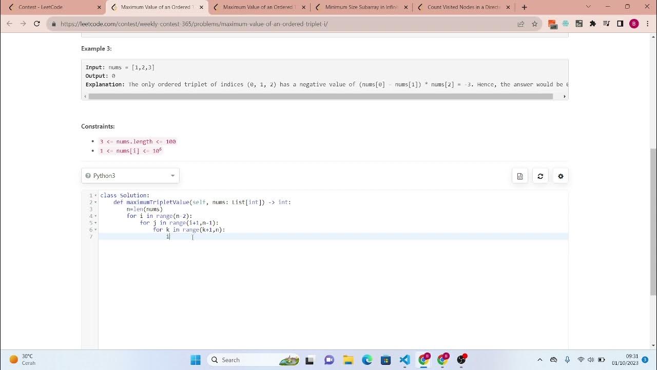 Leetcode Weekly Contest 365 100088 Maximum Value Of An Ordered Triplet I Python Youtube