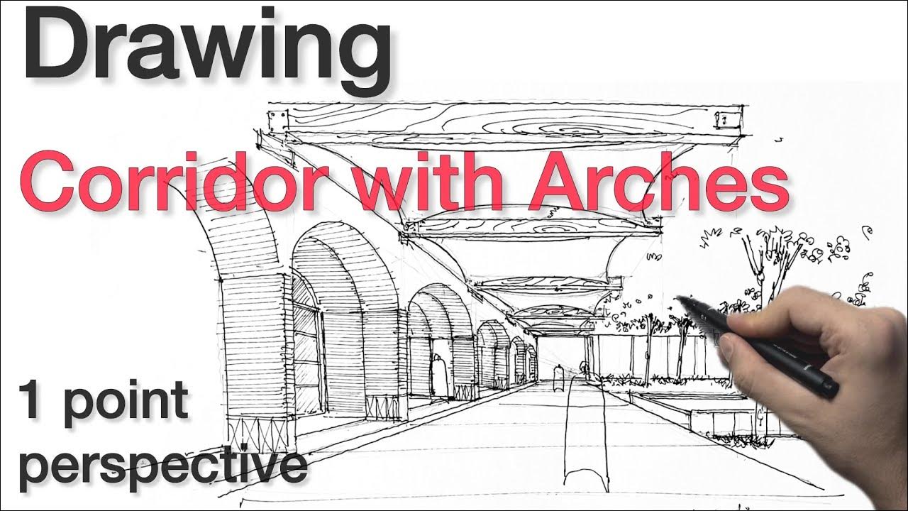 How to draw Corridor with arches | 1 point perspective, architectural sketch #architecture # ...