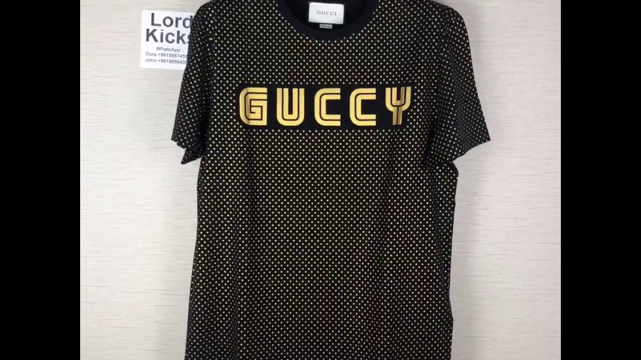 GUCCI summer round neck short sleeved letter gold stamping Black Loose ...