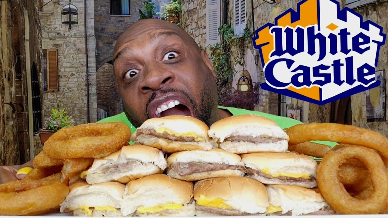 WHITE CASTLE CHEESEBURGER SLIDERS & HOMEMADE ONION RINGS MUKBANG 먹방 ...