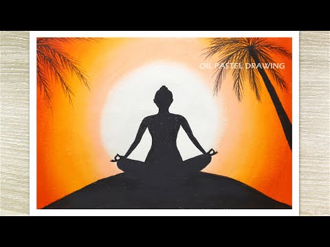 How to draw Yoga day with oil pastels, Meditation drawing, Sunrise Painting