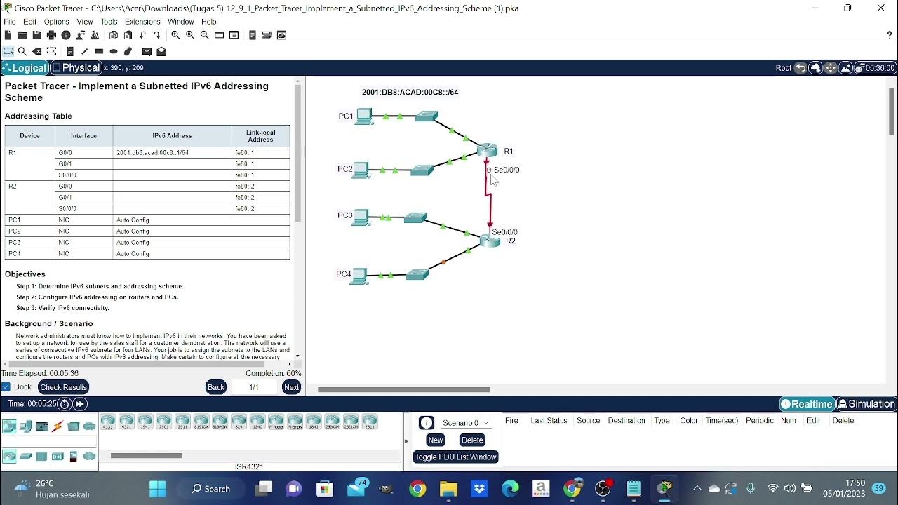 Tugas 5 - 12.9.1 Packet Tracer Implement a Subnetted IPv6 Addressing Scheme Made with Clipchamp ...