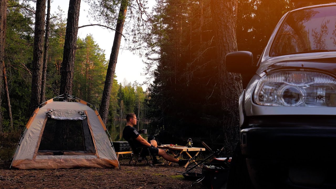 One Day SPRING CAMPING on the River. Cooking on CAMPFIRE. ASMR (4К ...