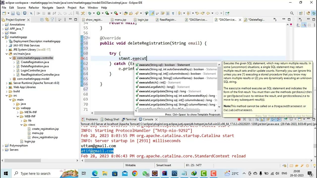 Delete Registration from database Servlet JSP Mini Project Part 4 - YouTube