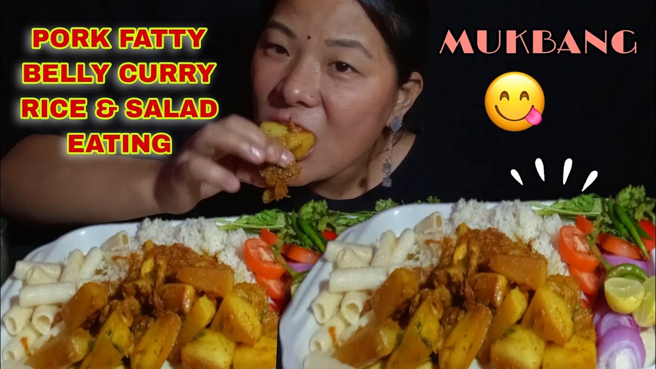PORK FATTY BELLY CURRY WITH RICE SALAD EATING II FATTY PORK BELLY II ...