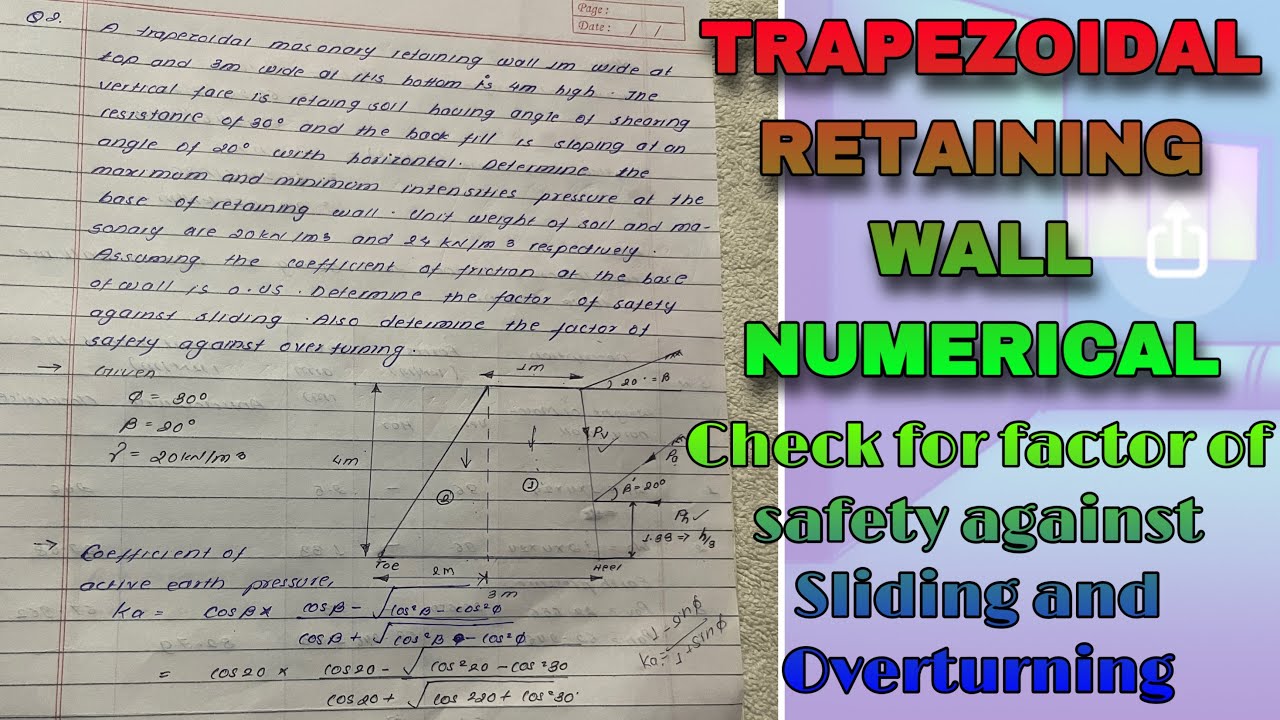 FOUNDATION ENGINEERING NUMERICAL // RETAINING WALL - TRAPEZOIDAL// MOST ...