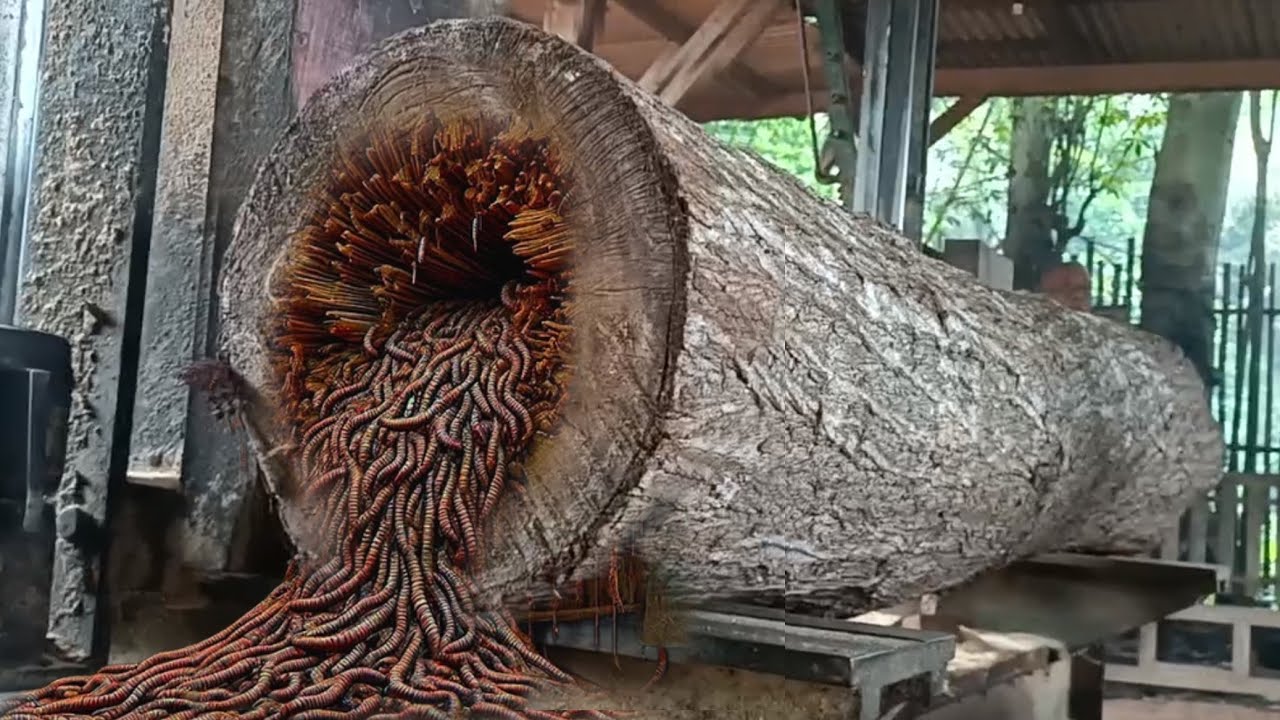 The laborious process of cutting wood in a sawmill - YouTube