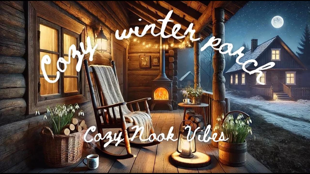 Cozy Winter Porch ️🔥 | Crackling Fireplace, Snowy Night & Rustic Cabin ...