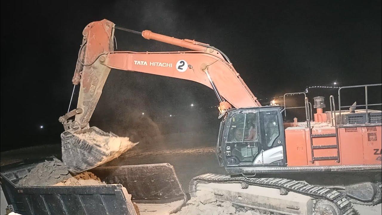 How to night work coal mines hitachi excavator dumper loading - YouTube
