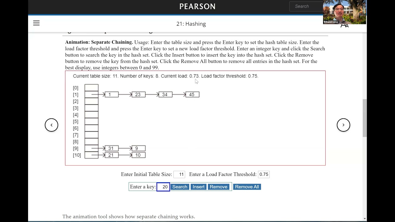 Daniel Liang Python Video Section 21.5 Handling Collisions Using Separate Chaining, Load Factor ...