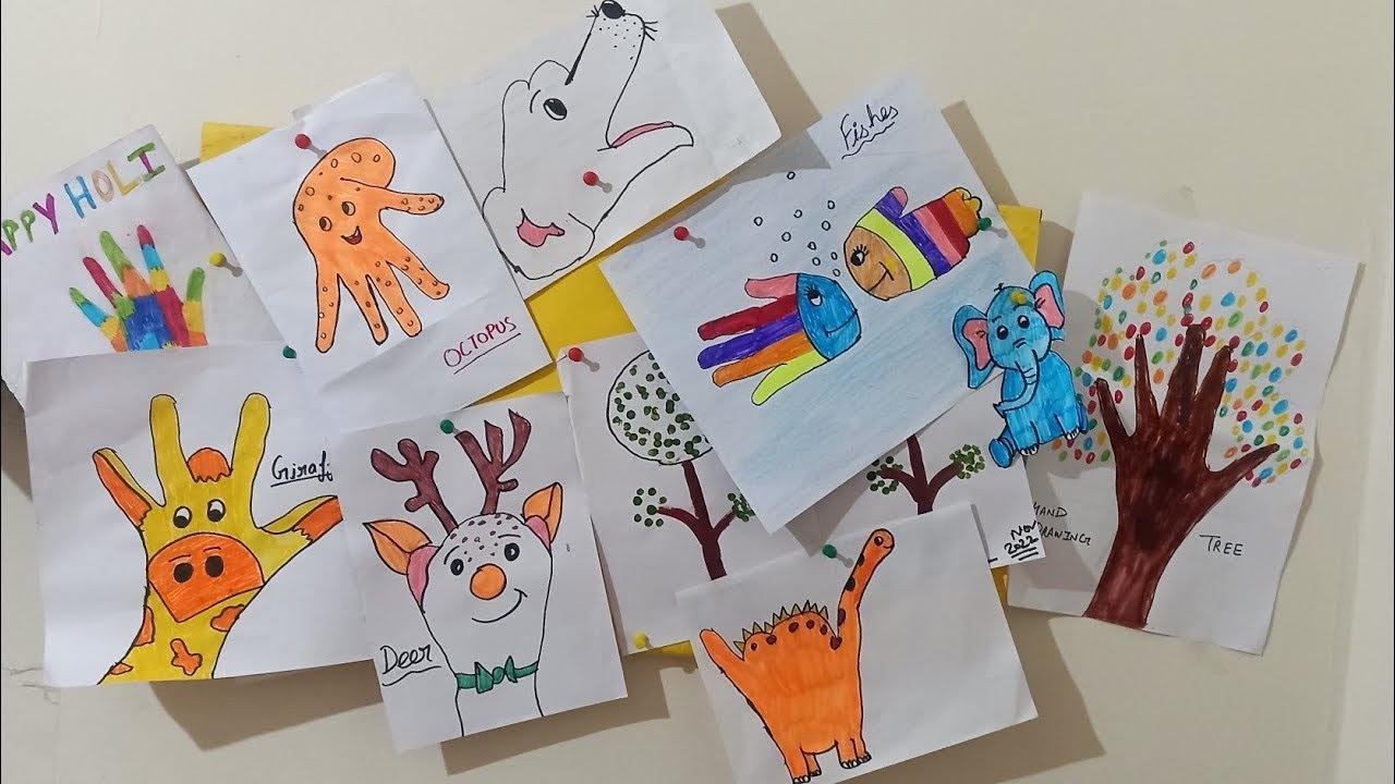 10 easy Hand Drawings Hand print drawings Giraffe Tree Deer Fish ...