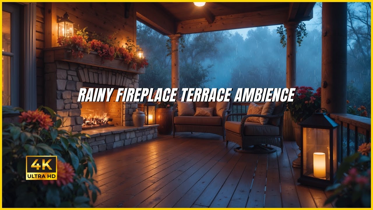 RAINY FIREPLACE TERRACE AMBIENCE (4K) | Cozy rainy terrace vibes for ...
